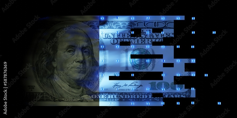 Cash money moving to digital. Conceptual 3D rendering illustration of ...