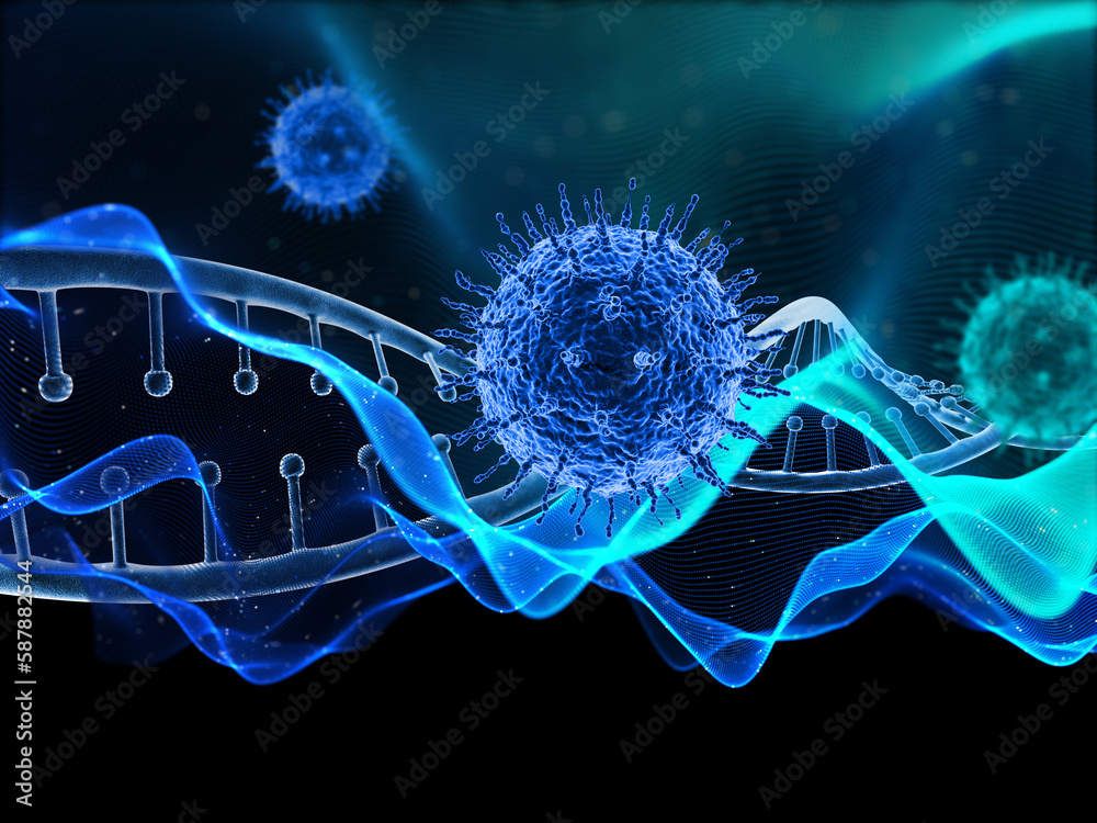 3D abstract medical background with virus cells and DNA strand Stock ...
