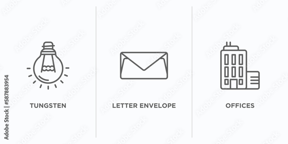 user interface outline icons set. thin line icons such as tungsten, letter envelope, offices ...