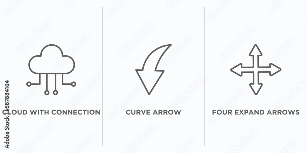 user interface outline icons set. thin line icons such as cloud with connection, curve arrow ...