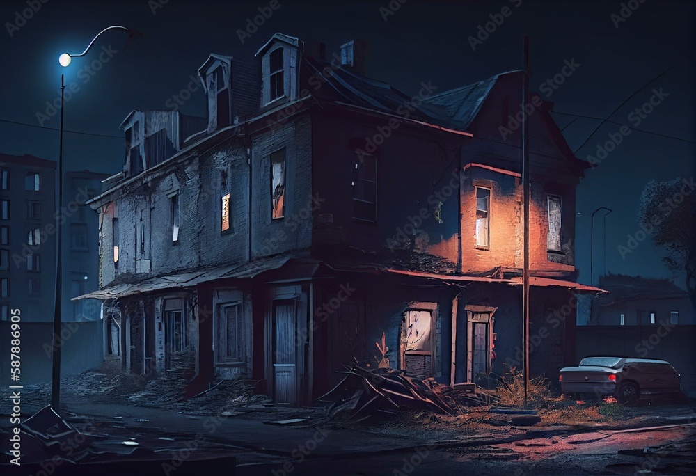 At night, a ghetto street is lined with dilapidated, abandoned ...