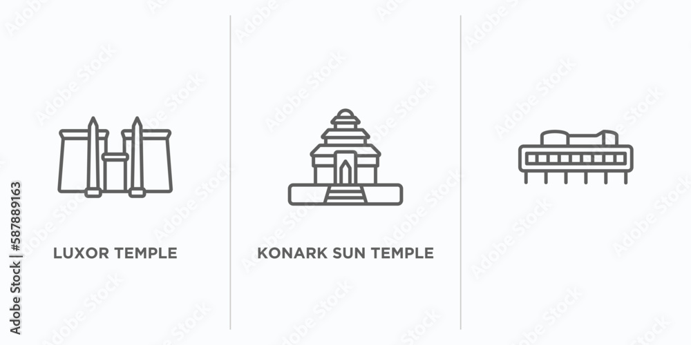 monuments outline icons set. thin line icons such as luxor temple, konark sun temple, vector ...