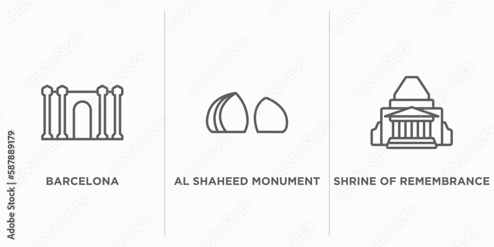monuments outline icons set. thin line icons such as barcelona, al ...