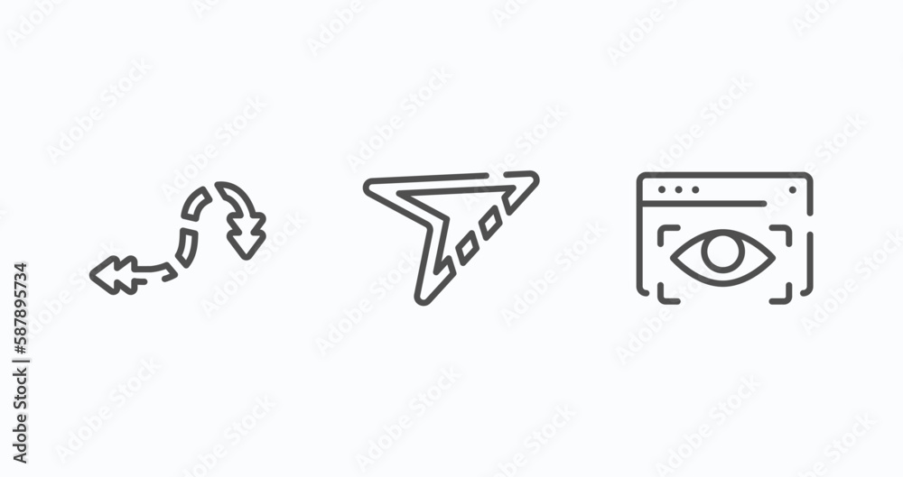 set of 3 thin line icons in user interface concept. outline icons including scribble broken line ...