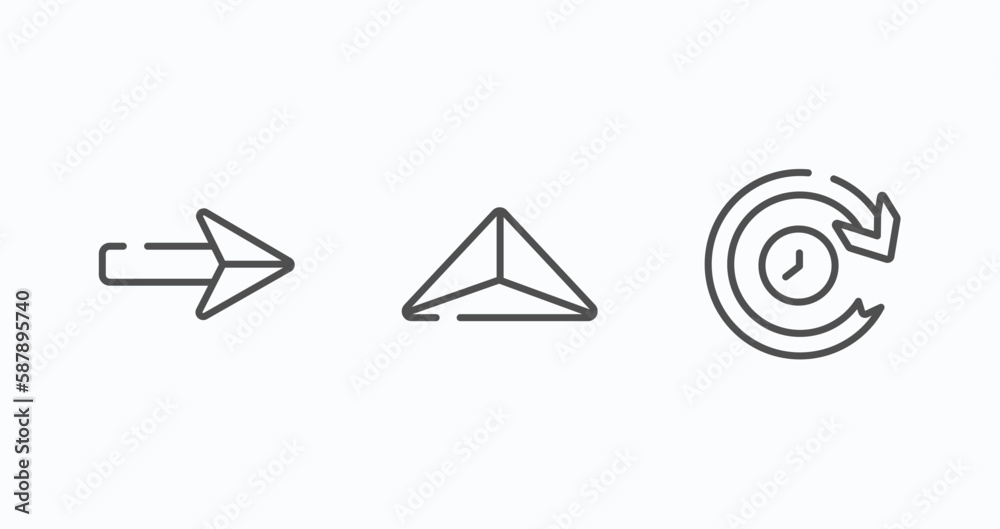 set of 3 thin line icons in user interface concept. outline icons including right drawn arrow ...