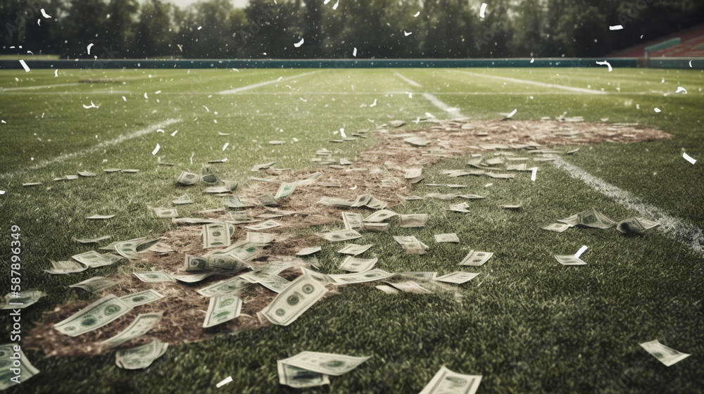 Banknotes falling on the soccer field Generated AI Stock Illustration ...