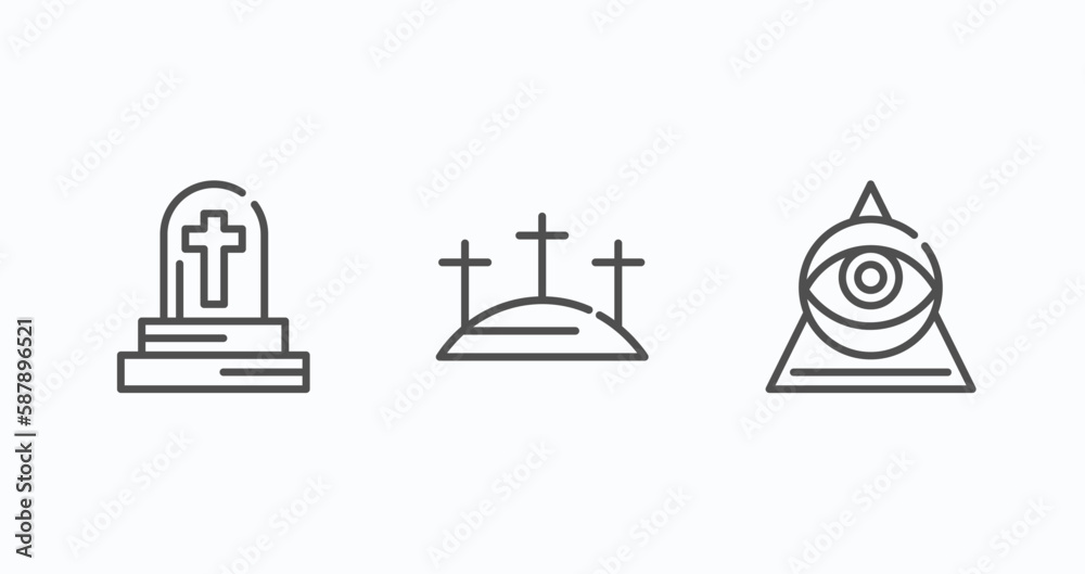 set of 3 thin line icons in religion concept. outline icons including tombstone thin line ...