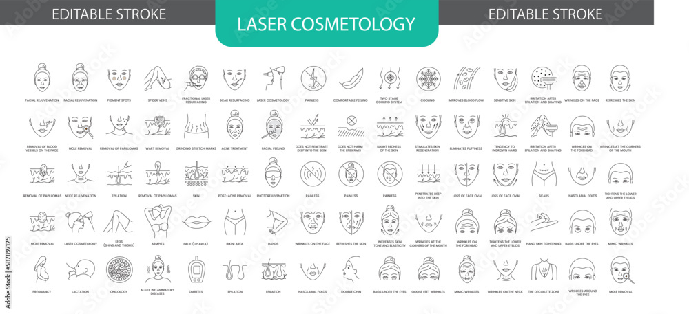 Laser cosmetology line icon set in vector, illustration of grinding ...