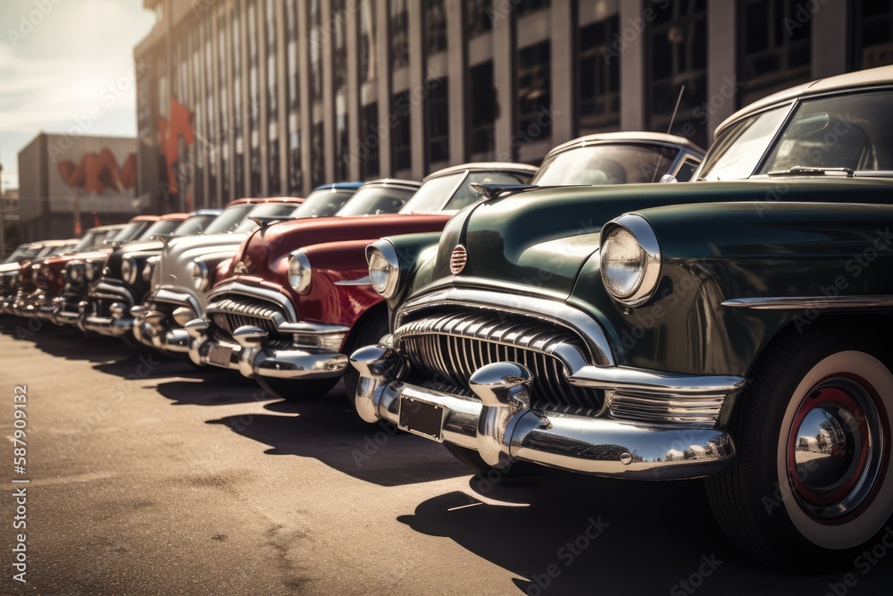 Gleaming Classic Cars Lineup: Vintage Transportation Background ...