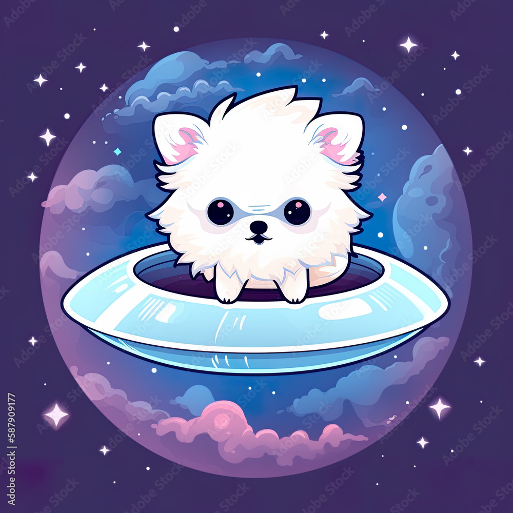 Cute white dog in ufo, cartoon chibi style, AI generative illustration ...