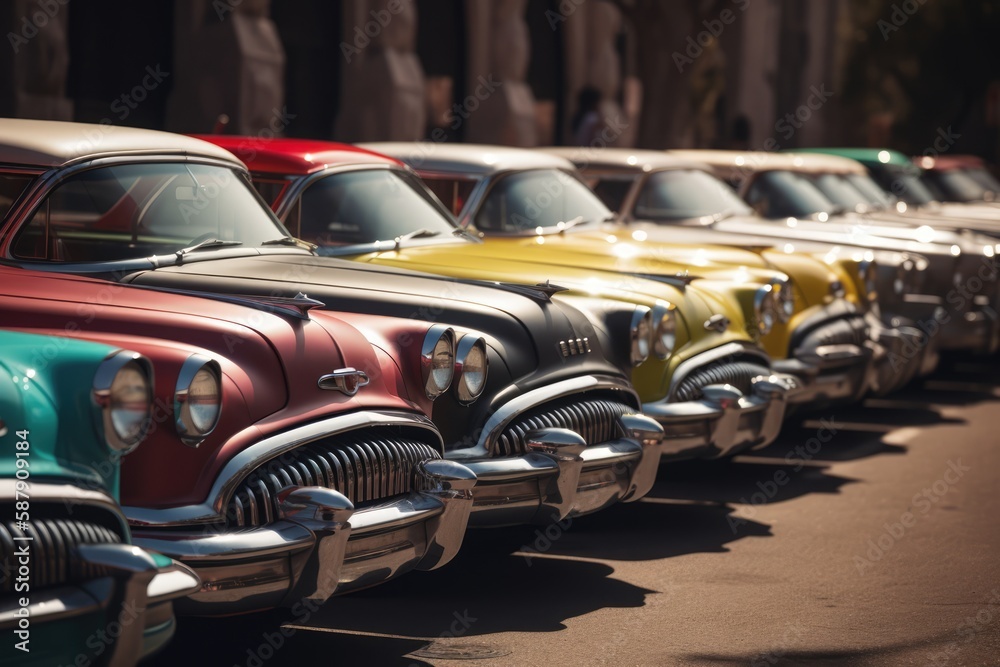 Gleaming Classic Cars Lineup: Vintage Transportation Background ...
