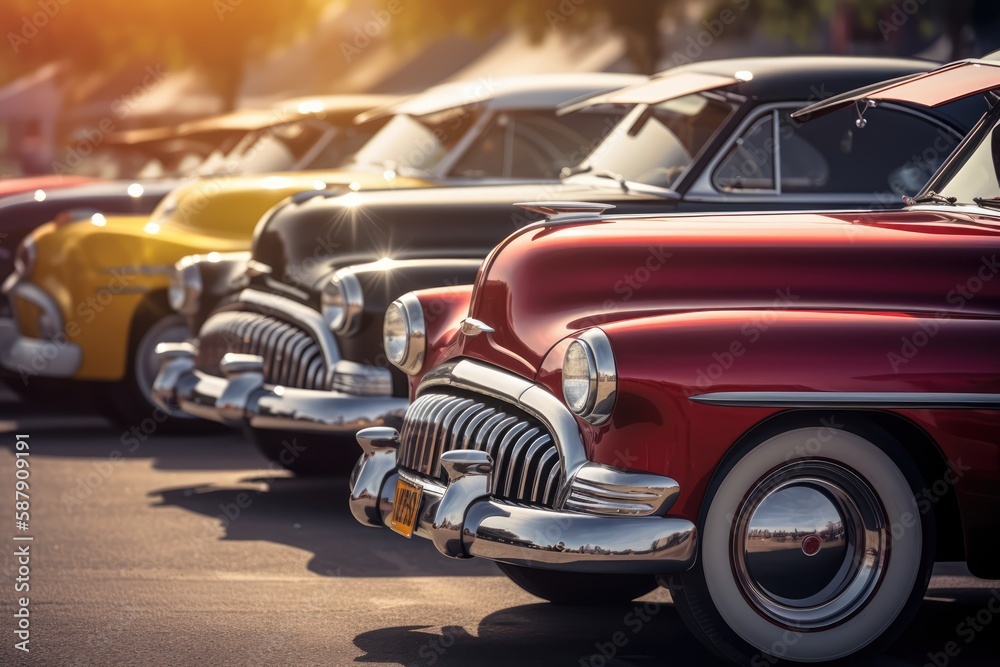 Gleaming Classic Cars Lineup: Vintage Transportation Background ...