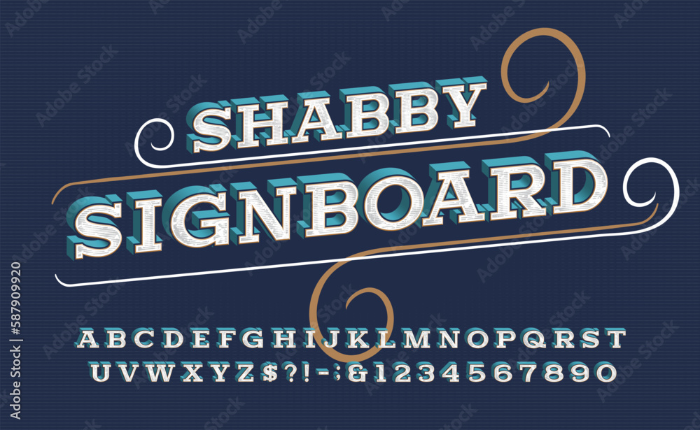 Shabby Signboard alphabet font. Retro letters and numbers. Vector ...