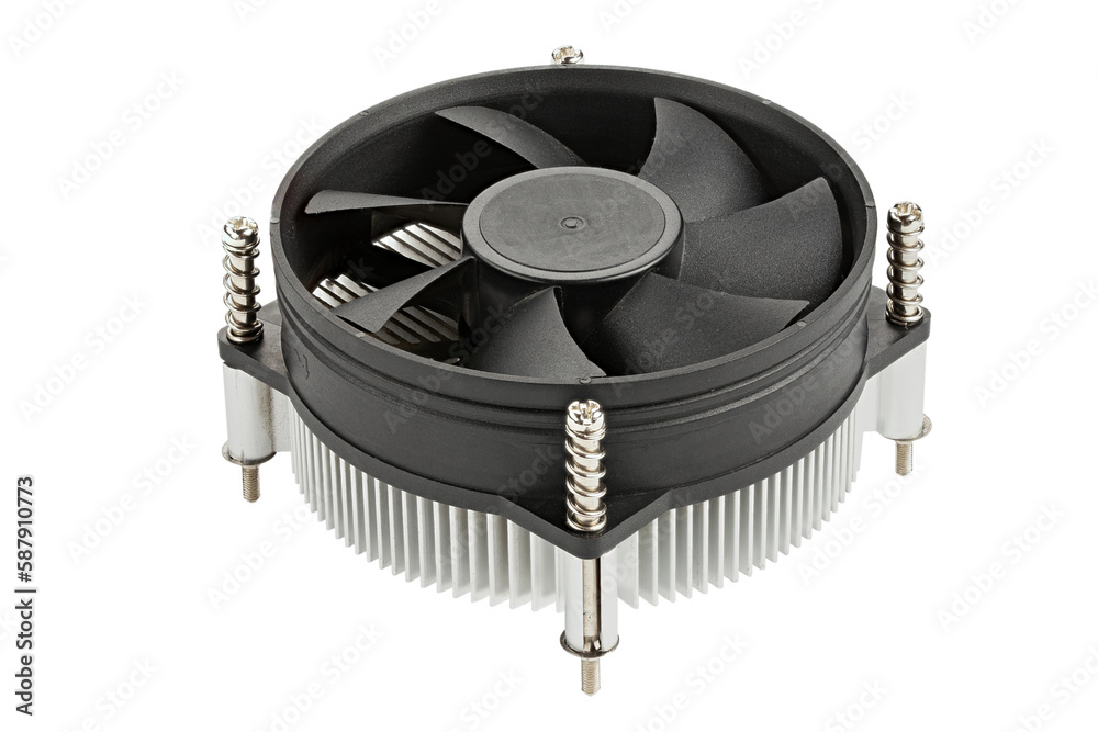 Сomputer components, fan. Cpu cooler, heat sink with on isolated white ...