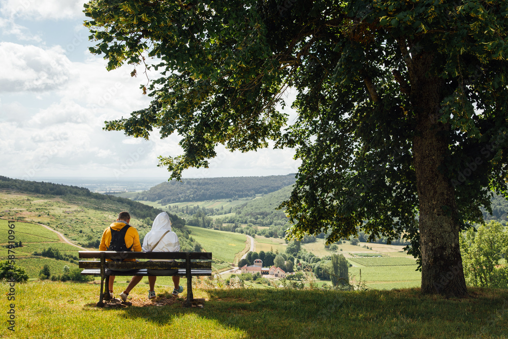 Un couple assis sur un banc admirant un paysage de Bourgogne. Des ...