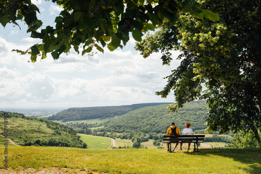Un couple assis sur un banc admirant un paysage de Bourgogne. Des ...