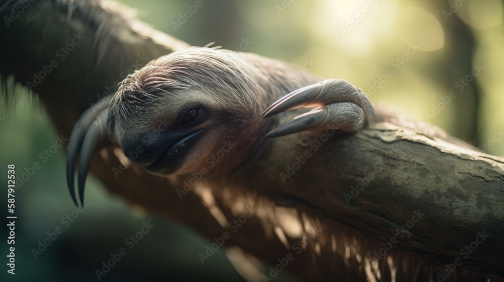 a sloth is resting on a branch in the forest with its eyes closed and ...