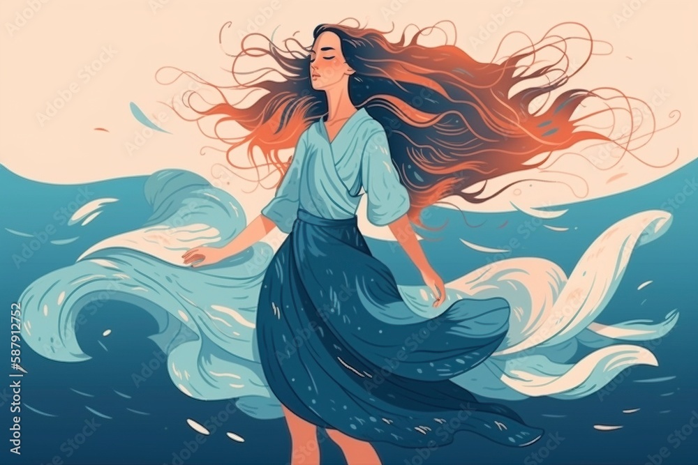Illustration of woman with flowing hair dance in the ocean, created ...