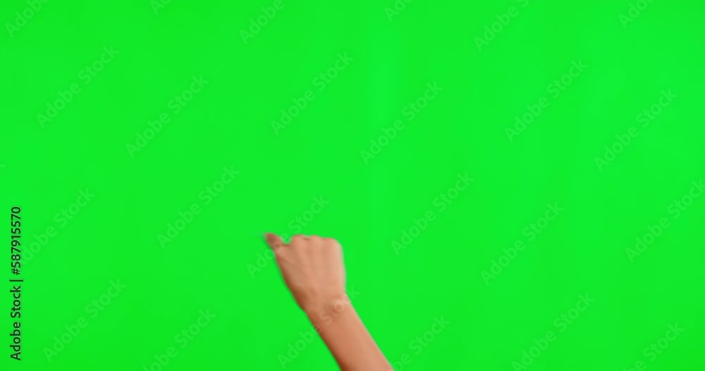 Hand, green screen and touchscreen technology with a woman in studio on ...
