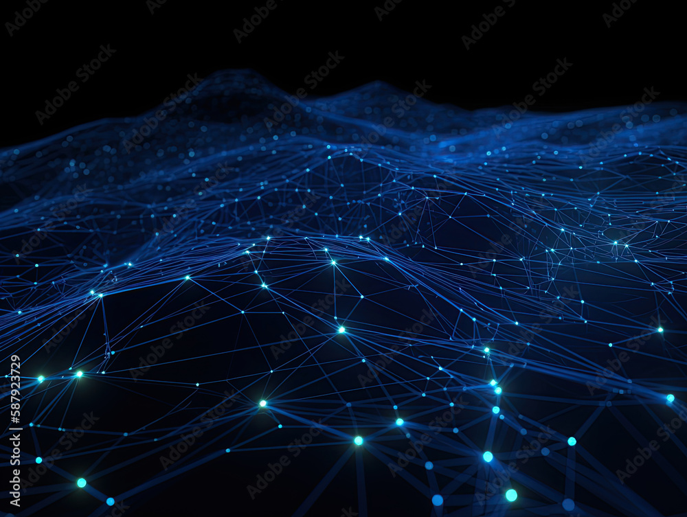 Powerpoint, black background, blue fluorescence map, line connection ...
