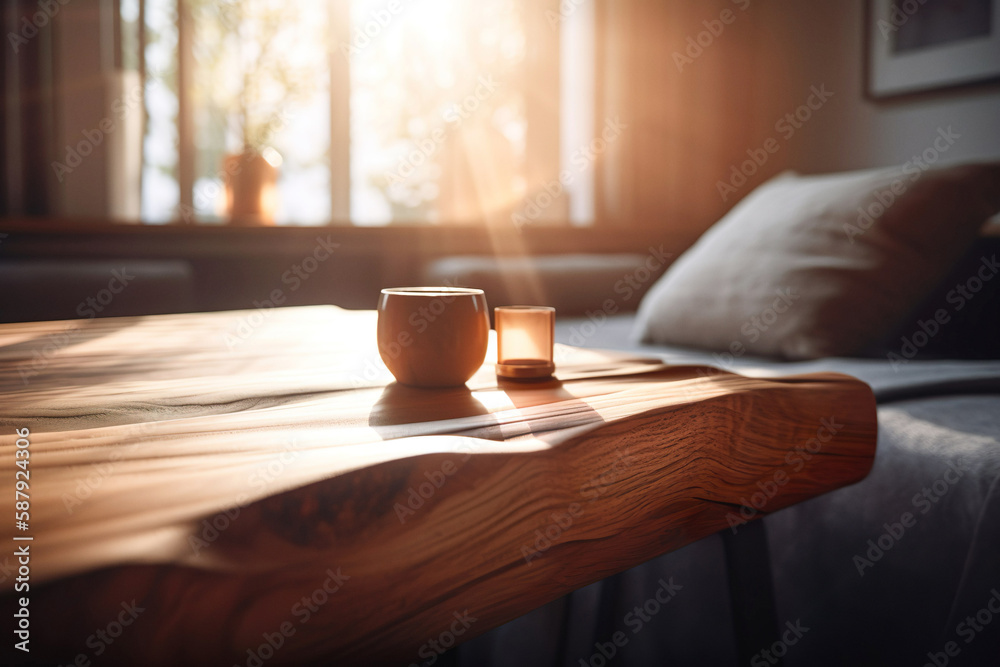 Room in modern rustic style with a wooden table and a raw linnen bed at ...