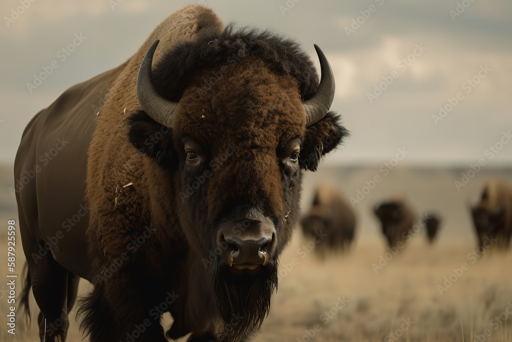 A fierce and powerful American Bison grazing on the plains - This ...