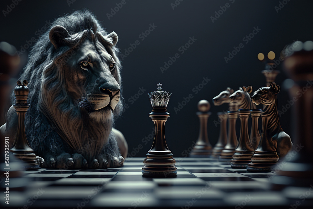 The Royal Lion King and chess pieces on a chess board, winner of ...
