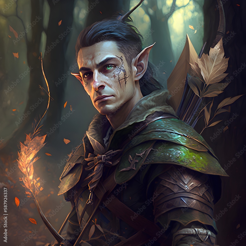An full body portrait intimidating looking wood elf ranger with a burn ...