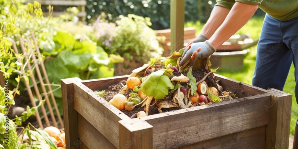 person composting food waste in backyard compost bin gardener, concept ...