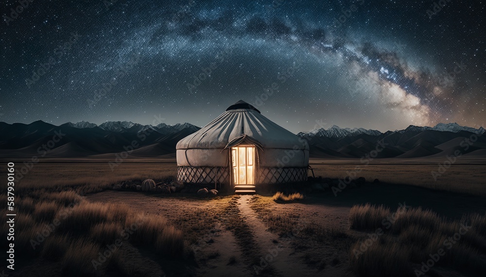Traditional mongolian yurt at night under the milky way with mountains ...