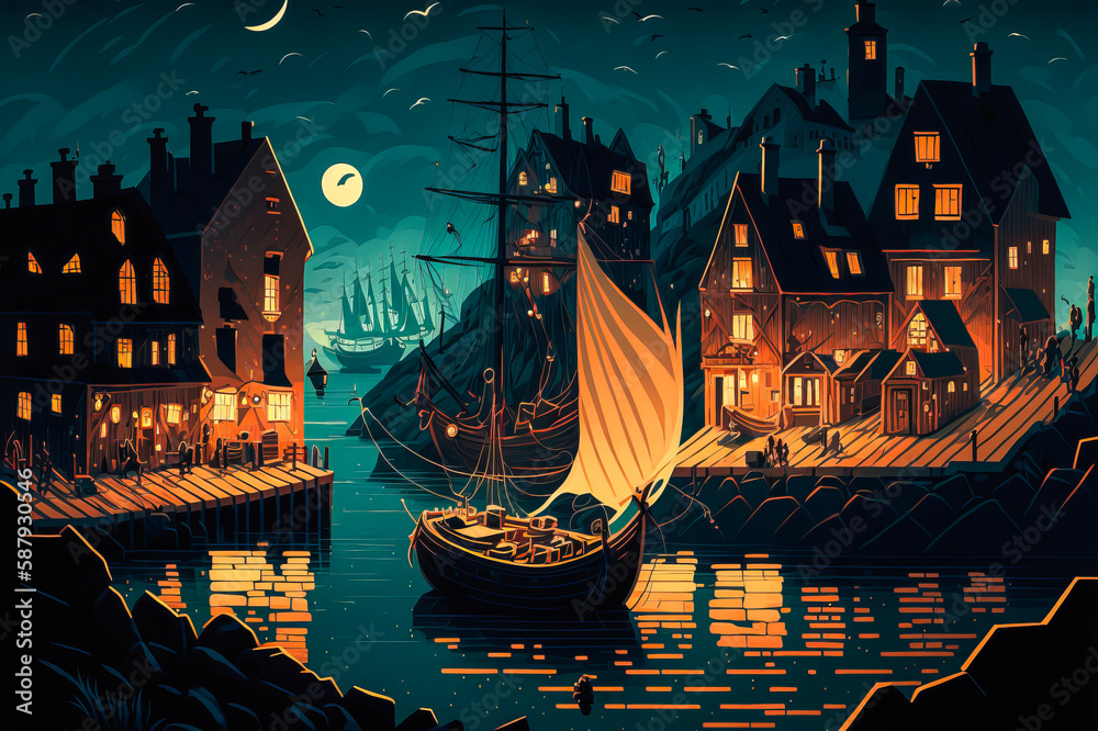 Stylized realistic illustration of a harbor at night with twinkling ...