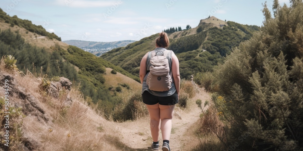 ภาพประกอบสต็อก attractive chubby girl hiking up mountain trail ...