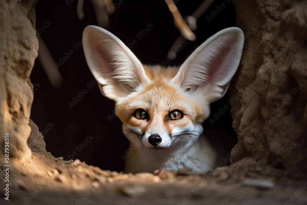 A shy and elusive Fennec Fox peering out from its den, showing off its ...