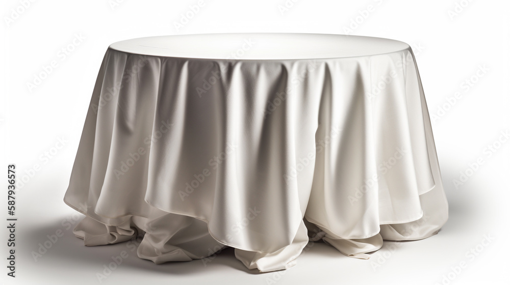 A round table covered with a table cloth on isolated white background ...