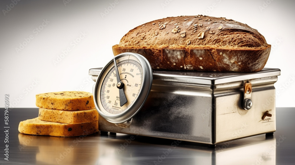 Weight scale with wholesome slice of bread and measuring tape on white ...
