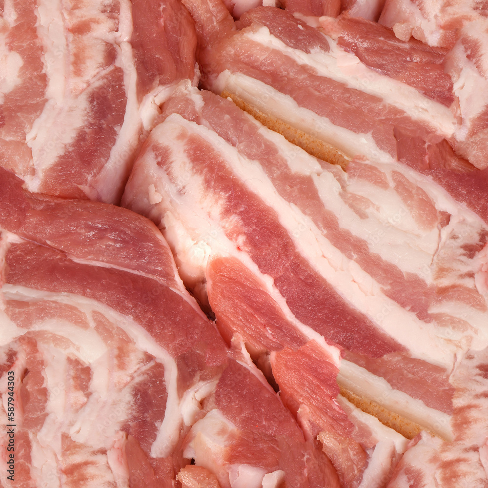 Seamless texture or wallpaper, Fresh pork sliced small portions. Raw ...