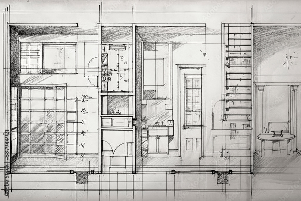 Generative AI illustration of Architectural plans, drawings, pencil ...