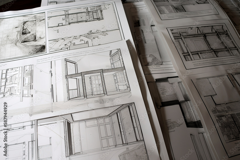 Generative AI illustration of Architectural plans, drawings, pencil ...