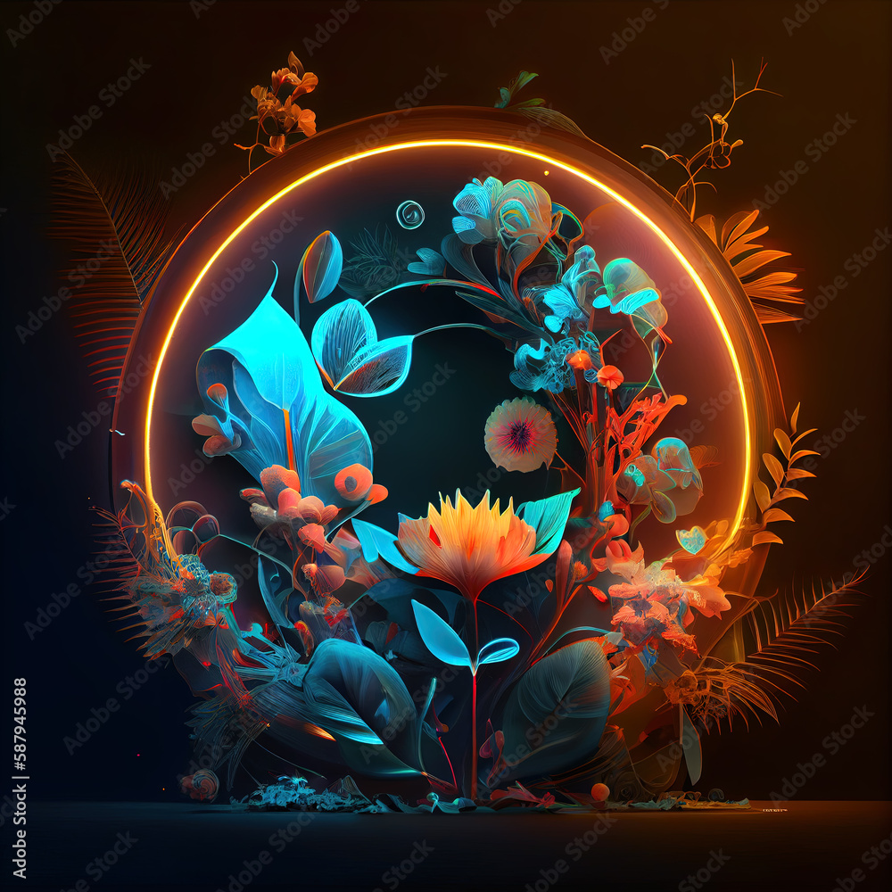 glowing neon cyberpunk light circle on the background of fluorescent ...