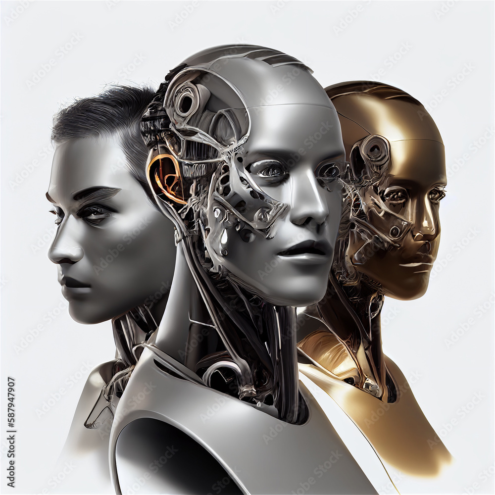 Three different cyborg faces, rendered in 3D and isolated on a white ...