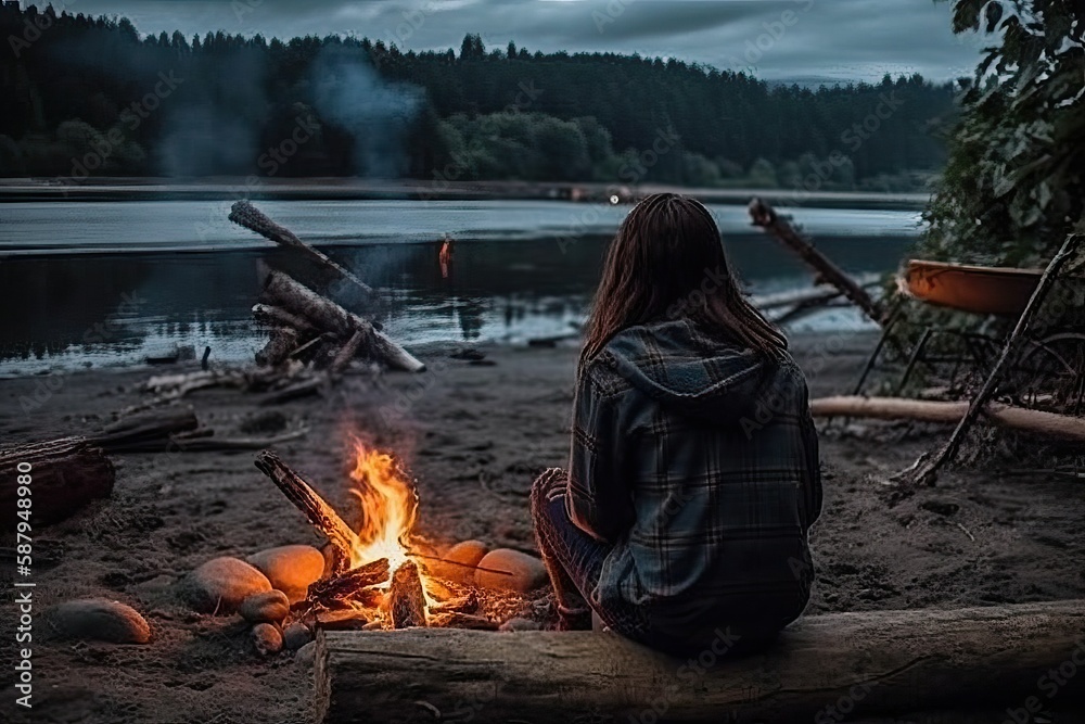 Camping around campfire, Tourist woman bonfire (Ai generated) Stock ...