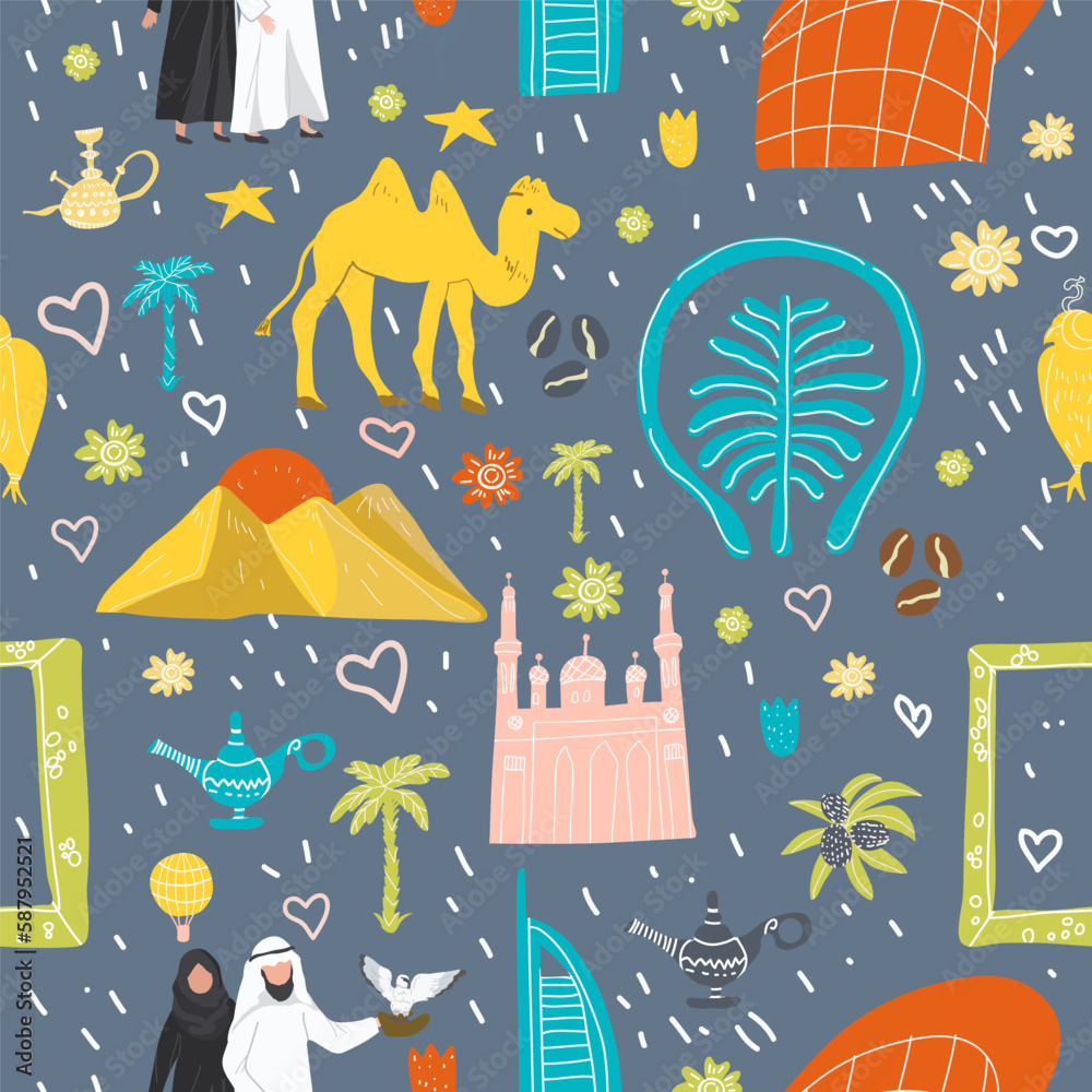 Dubai, United Arab Emirates seamless pattern hand drawn vector ...