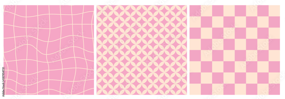 Seamless Pattern Pack in Pink, Trippy Grid. 70s Groovy Background ...