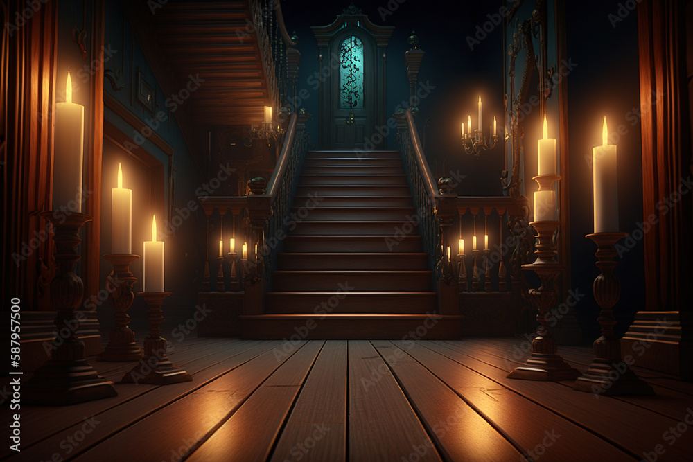 A haunted mansion with creaking floorboards and flickering candles ...