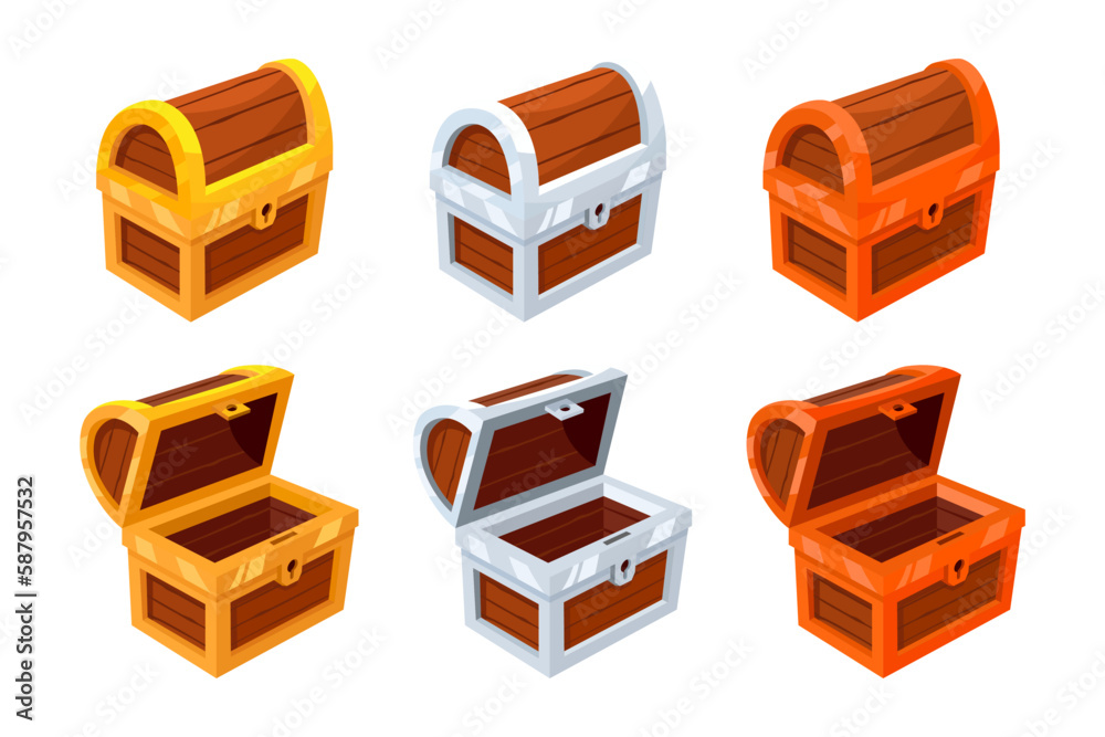Vetor de Open and close mystery wooden chest. Gold Silver Bronze ...