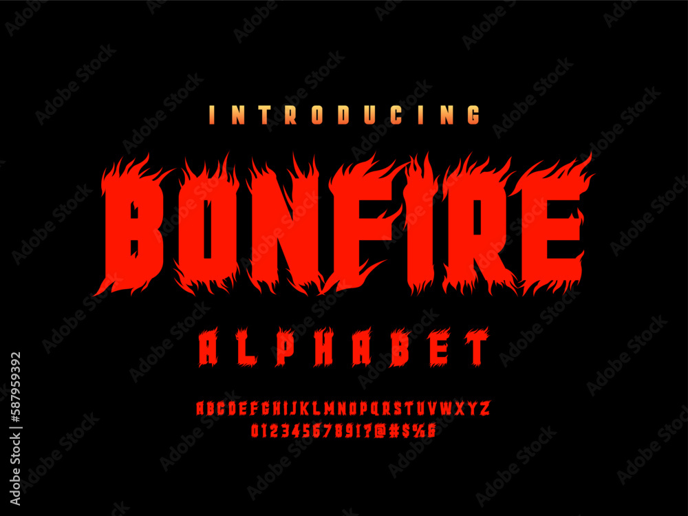 fire style alphabet design with uppercase, numbers and symbols Stock ...