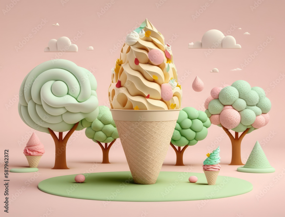Ice cream. Ice cream land. Large soft ice cream. Fairy tale spring ...