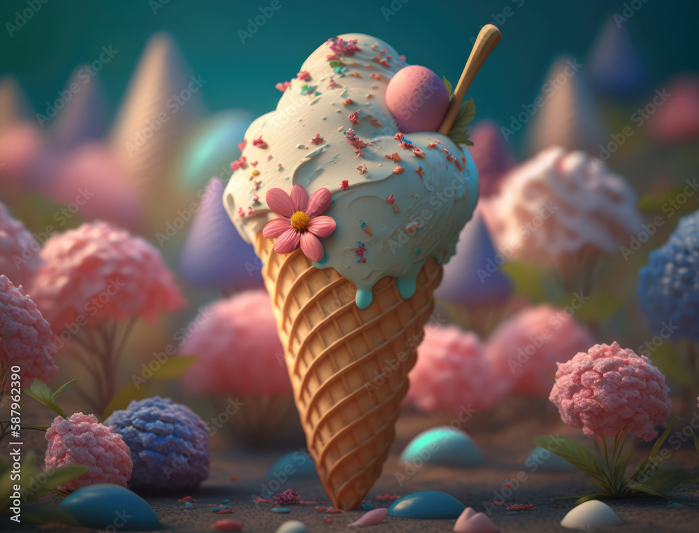 Ice cream. Ice cream land. Large soft ice cream. Fairy tale blooming ...