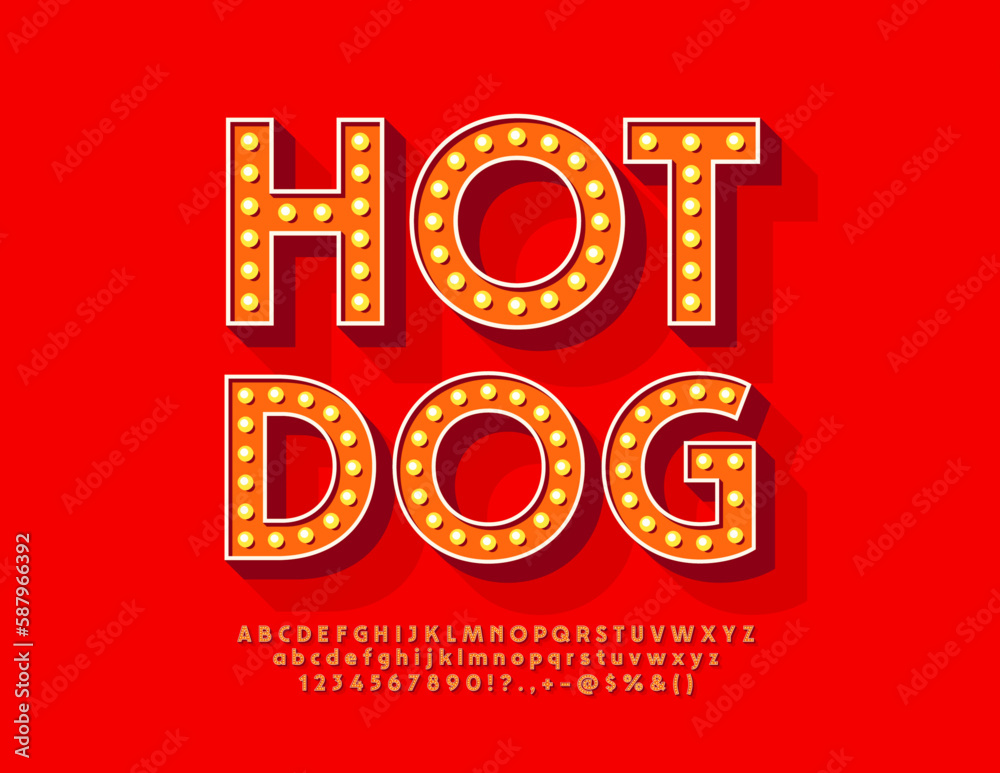 Vector trendy sign Hot Dog. Retro style Font with Lamps. Lightbulb ...