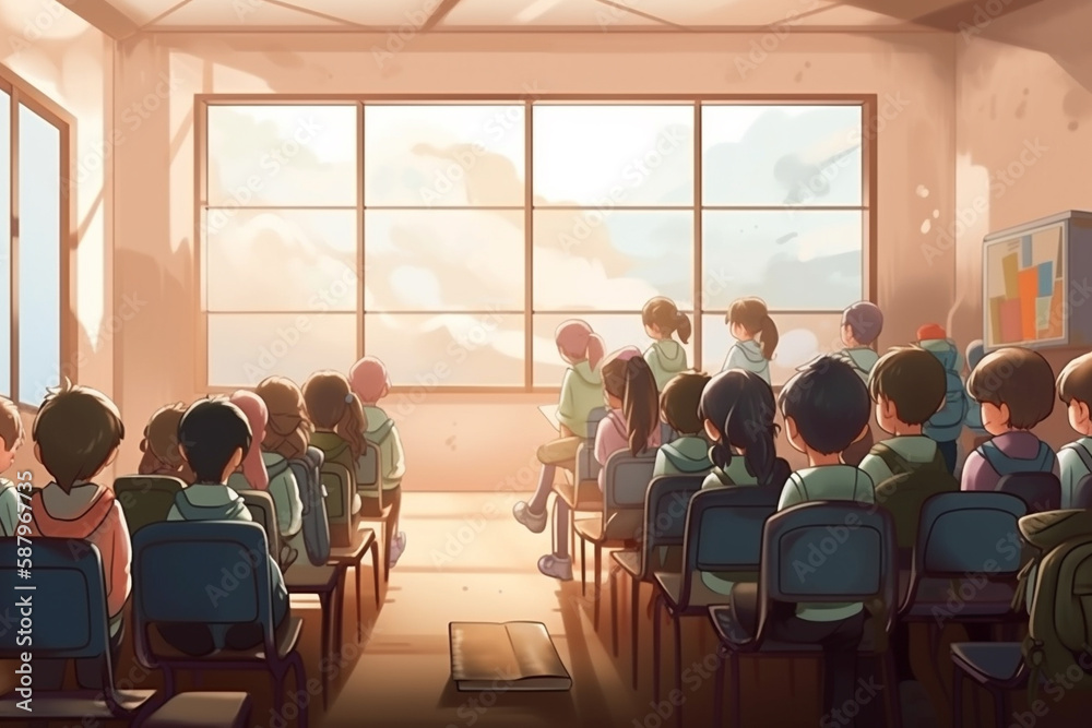 An engaging illustration of a classroom from the back, filled with ...